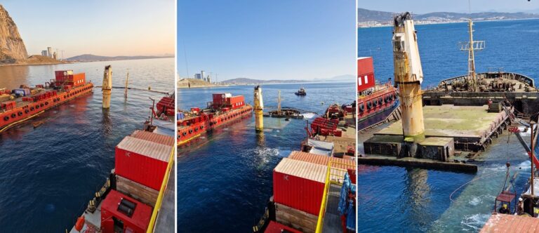 ジブラルタル沖の貨物船「OS 35」船首の浮上作業スタート