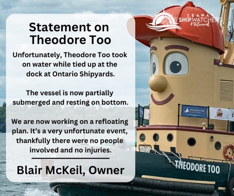 浸水で半分沈んだタグボート「Theodore TOO」を救出